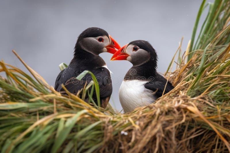 Puffin Parent and Chick Sharing Fish on Grassy Hilltop Stock Image ...