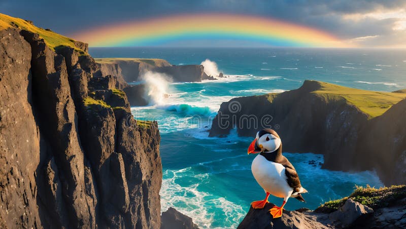 Majestic Puffin on Dramatic Coastal Cliffs with Rainbow Stock ...