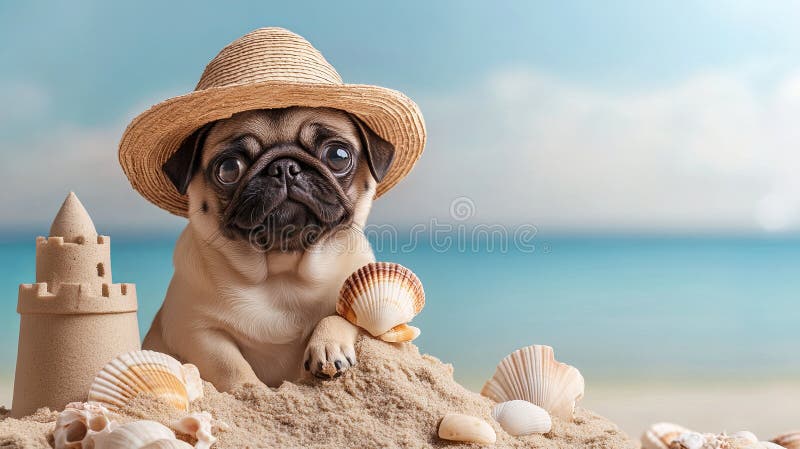 A Pug in a Beach Hat, Sitting beside a Sandcastle Adorned with Stock ...