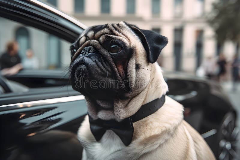 Pug with a Bow Tie in Front a Luxury Car, Ai Generative Illustration ...