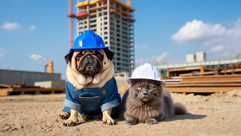 Pug and Cat Construction Workers on a Building Site Stock Illustration ...