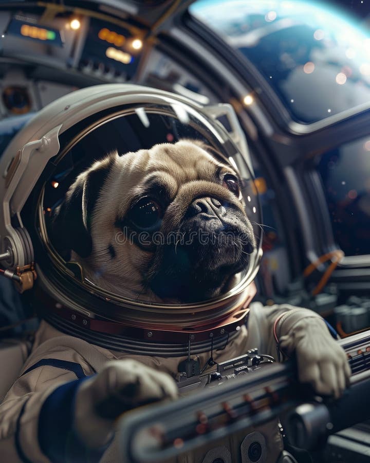A Pug in a Custom Space Helmet Floats Inside a Spacecraft Earth Visible ...