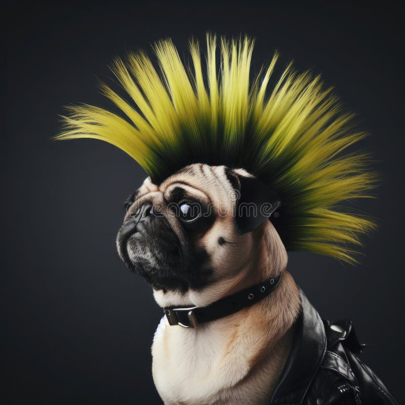 Pug Dog Crested As a Punk with Bright Mohawk on Solid Dark Background ...