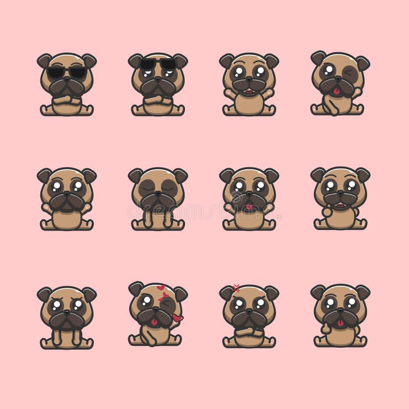 12 Pug Dog Expressions, Pug Dog Emoticon Bundle Stock Vector ...