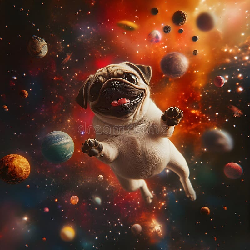 A Pug Dog Flies in Open Space between Planets. Space Dog Stock ...