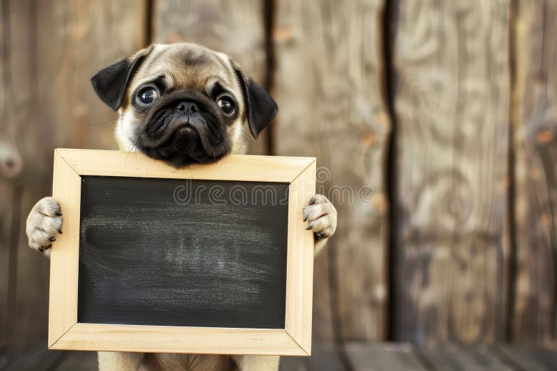 Pug Dog Hold Empty Clean Sign Black Board with Copy Space Stock Image ...