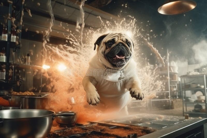 A Pug Dog Jumping into a Kitchen with a Splash of Water, AI Stock ...