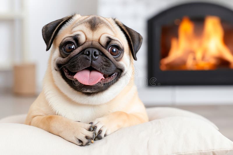 A Pug Dog Laying on a Pillow in Front of a Fireplace Stock Photo ...
