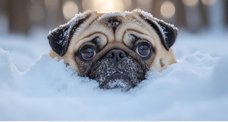 A Pug Dog is Laying in the Snow Stock Image - Image of adorable, small ...