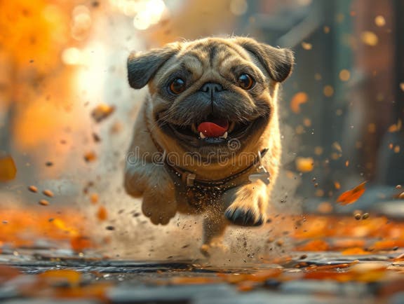 Pug Dog Running through Puddle of Water. Stock Photo - Image of ...