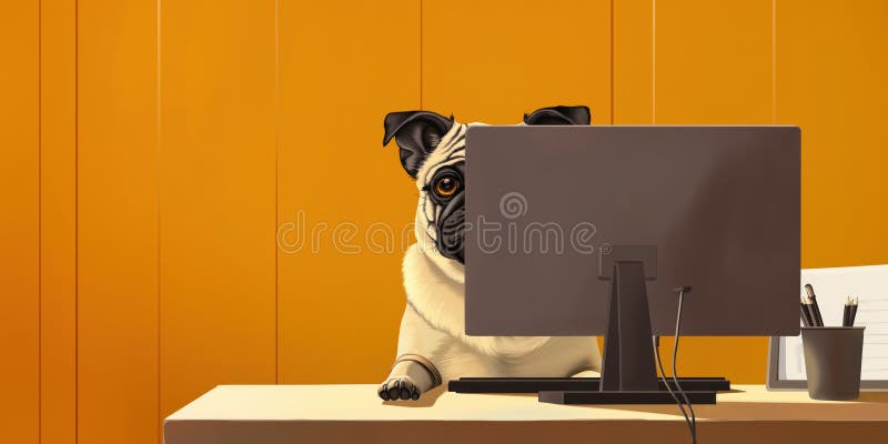 Pug Dog Sits at Desk in Front of Laptop, Typing on Keyboard. Cute Pet ...