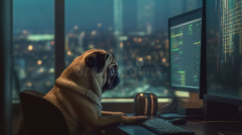 A Pug Dog Sitting at a Desk in Front of a Computer. Generative AI Image ...