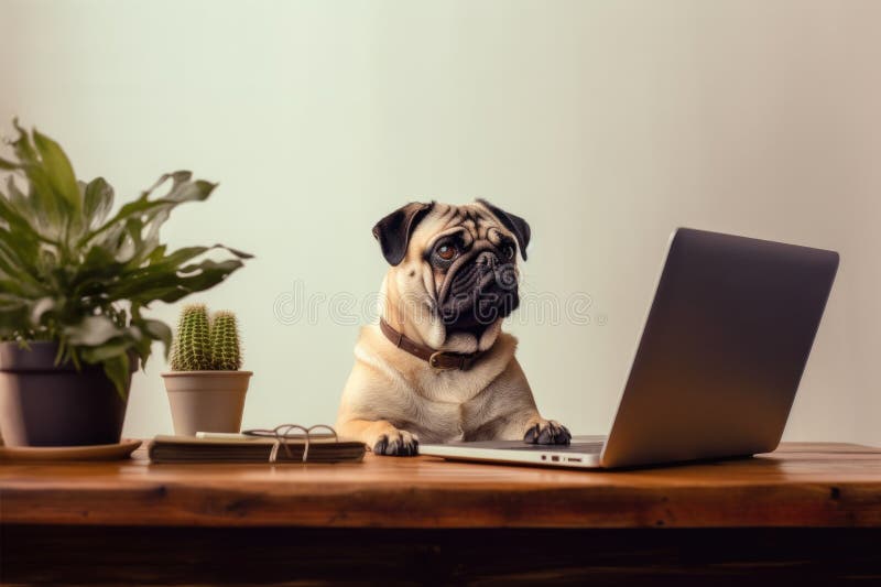 A Pug Dog Sitting at a Desk with a Laptop. Stock Illustration ...
