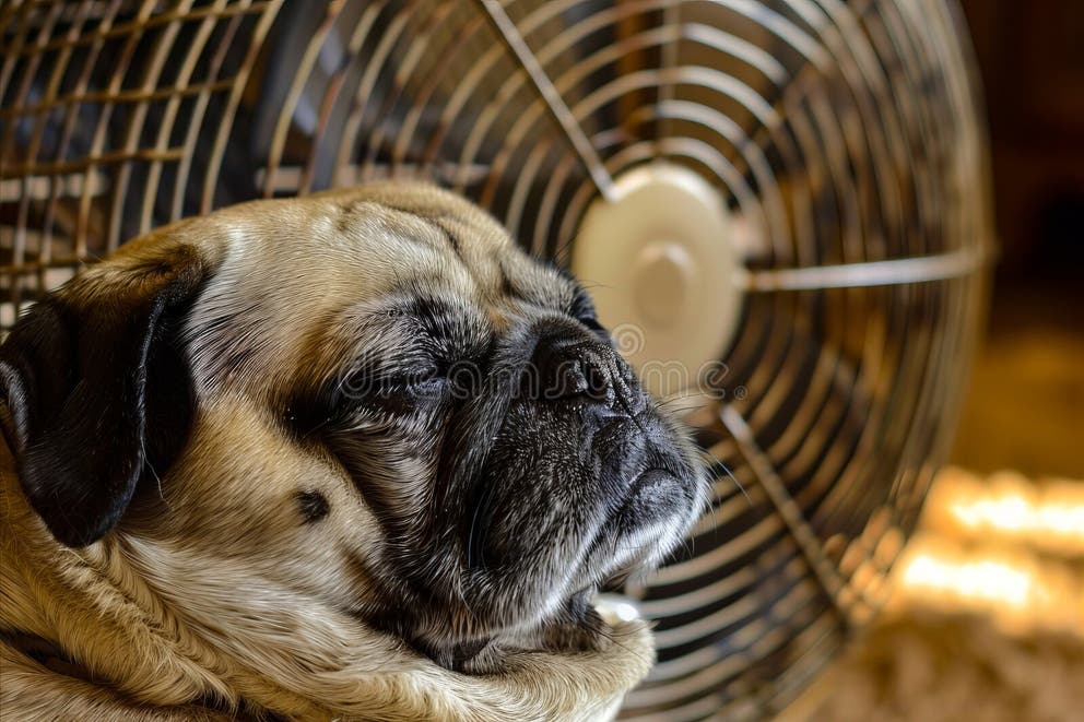 A Pug Dog Sitting in Front of a Fan Stock Photo - Image of sitting ...