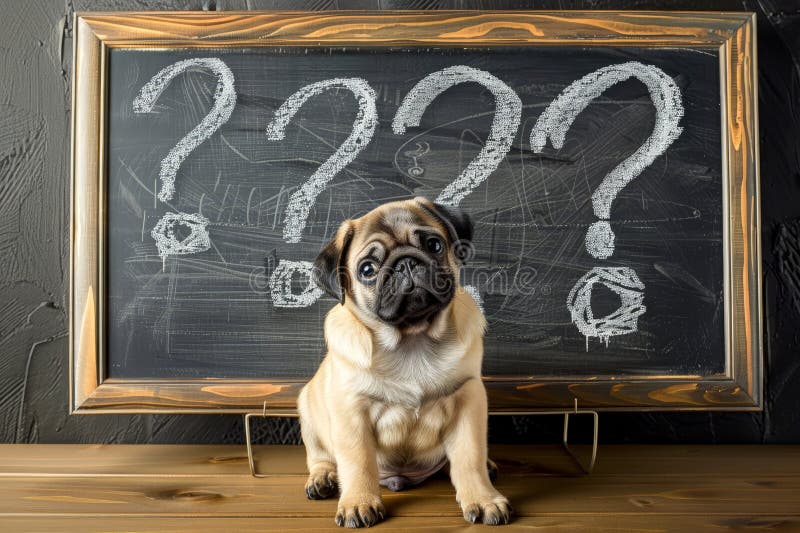 A Pug Dog Sitting with Question Marks on Black Board Stock Illustration ...