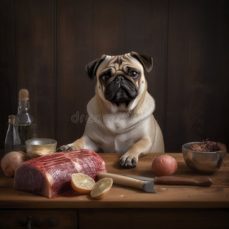 A Pug Dog Sitting at a Table with Food Stock Illustration ...