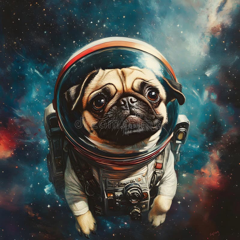A Pug Dog in a Spacesuit Flies in Outer Space. Space Dog Stock ...
