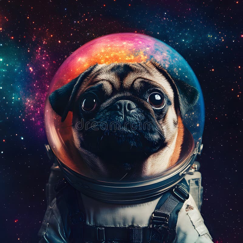 A Pug Dog in a Spacesuit Flies in Outer Space. Space Dog Stock ...