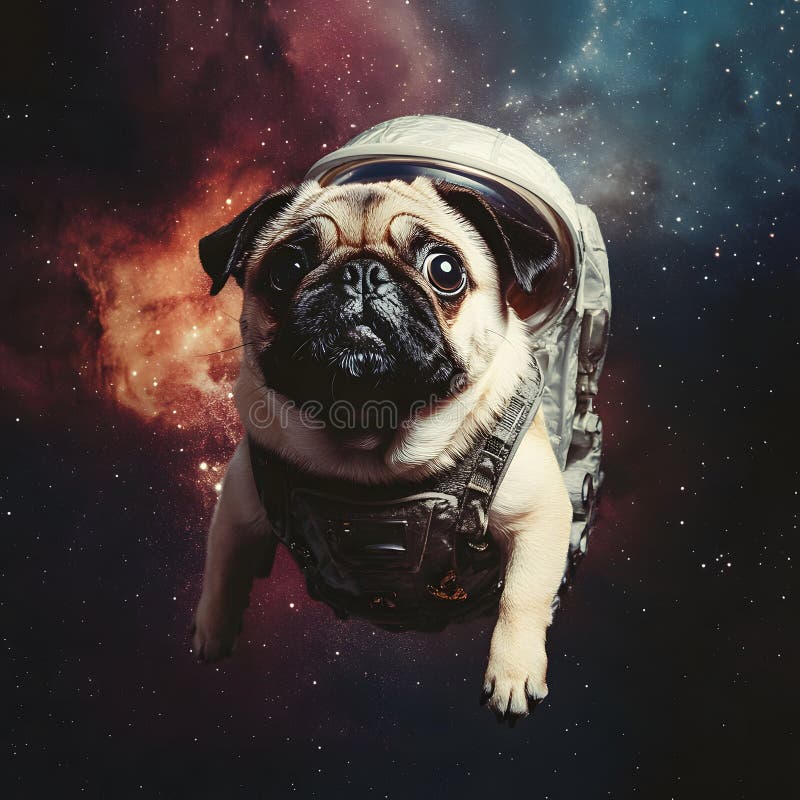 A Pug Dog in a Spacesuit Flies in Outer Space. Space Dog Stock ...