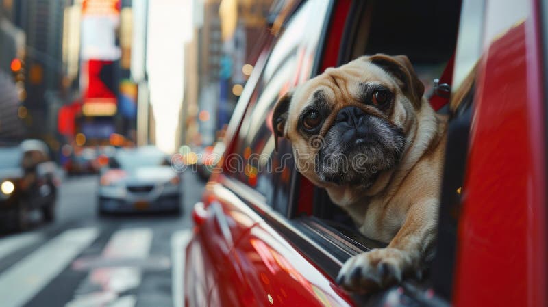 Pug Dog in Sunglasses Looks Out of a Car Window Stock Photo - Image of ...