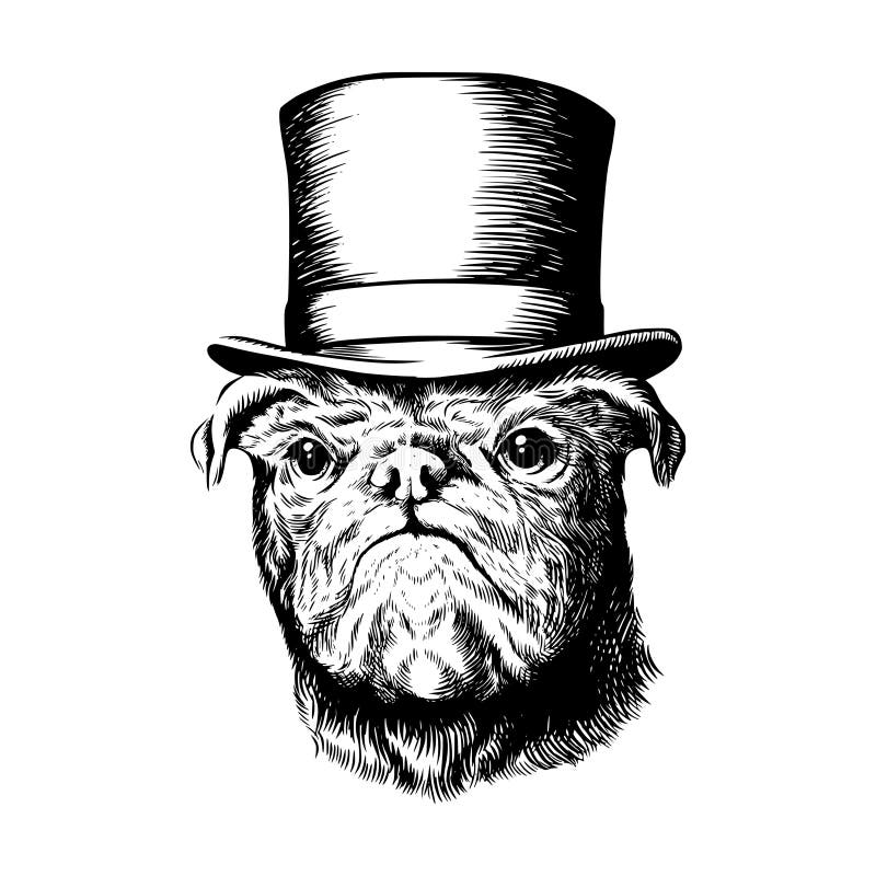 Pug Dog in Top Hat Black and White Vector Illustration Stock Vector ...