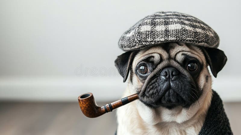 A Pug Dog Wearing a Black and White Tweed Cap, Holding a Pipe, on a ...