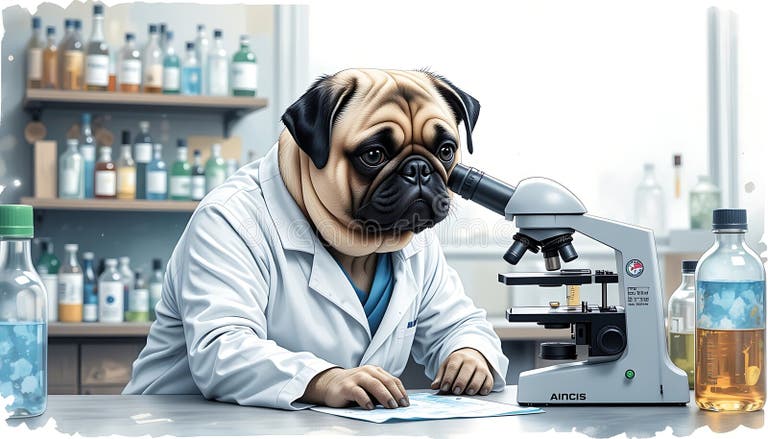 Pug Dog Wearing Lab Coat Using Microscope in Laboratory Setting Stock ...