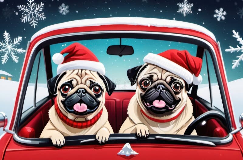 2 Pug Dogs with Santa Claus Hats at 2-12-2024 Stock Illustration ...
