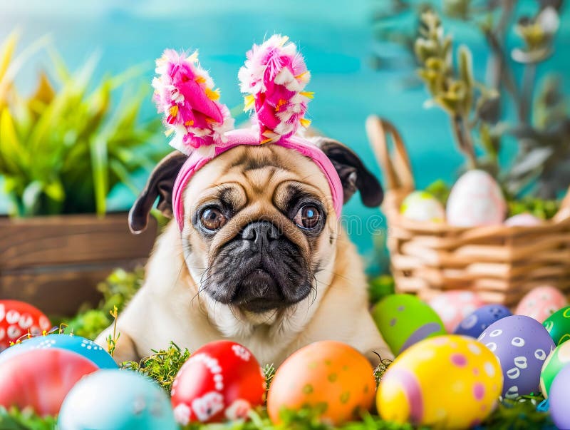 Pug Dressed As Easter Bunny with Eggs Stock Illustration - Illustration ...