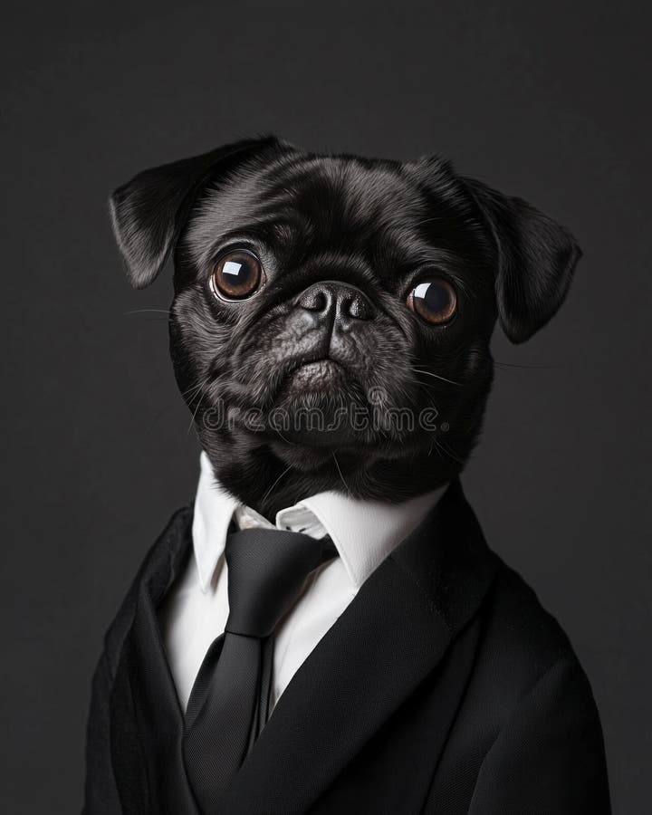 Pug Dressed in Black Suit and Tie Against Dark Background. Stock Image ...