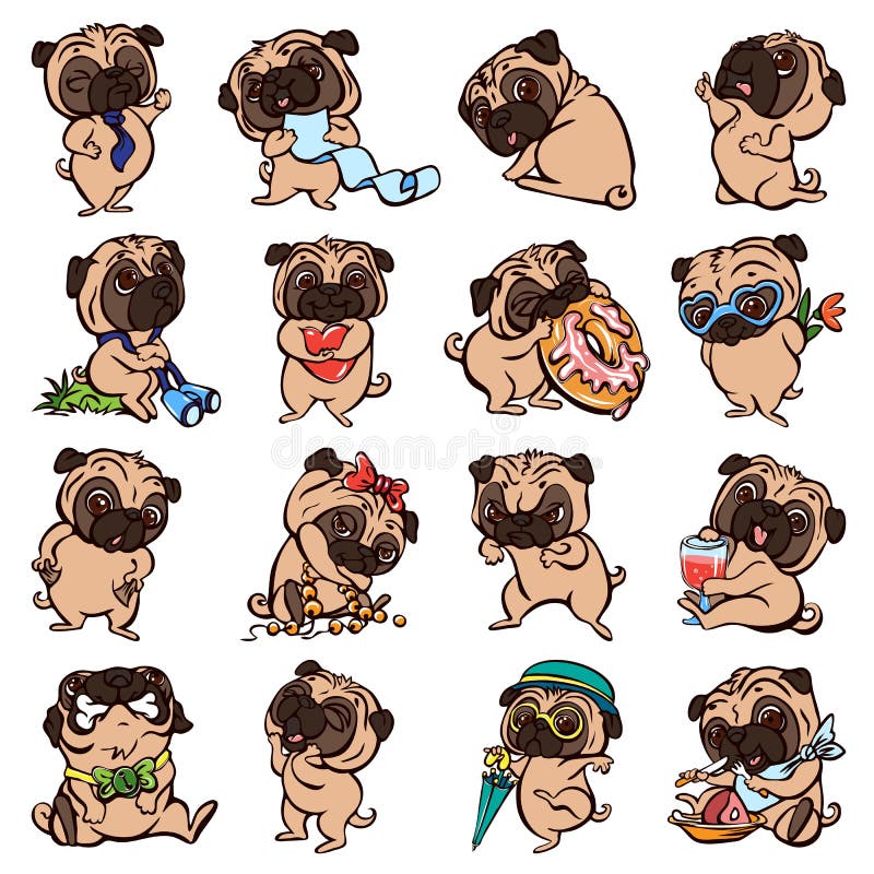 Pug Icons Set, Cartoon Style Stock Vector - Illustration of icon, dream ...