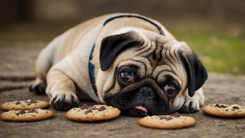 A Pug Lying on the Ground, Eyeing Chocolate Chip Cookies with a Longing ...