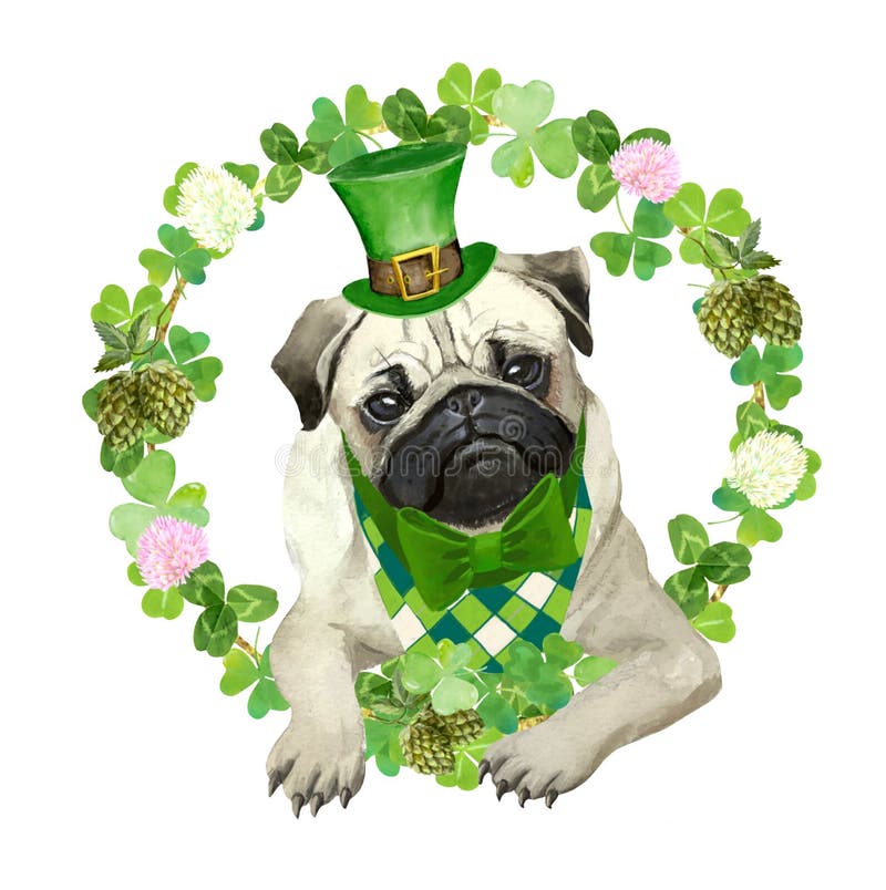 St. Patrick S Day, Funny Pug in a Top Hat, a Dog in a Wreath of Clover ...