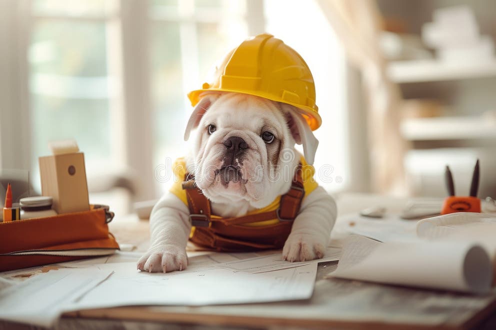 Pug Puppy in Construction Helmet at Work Stock Photo - Image of ...