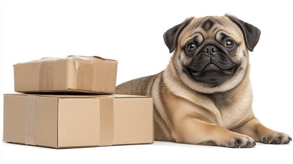 Pug Puppy and Delivery Boxes Stock Illustration - Illustration of ...