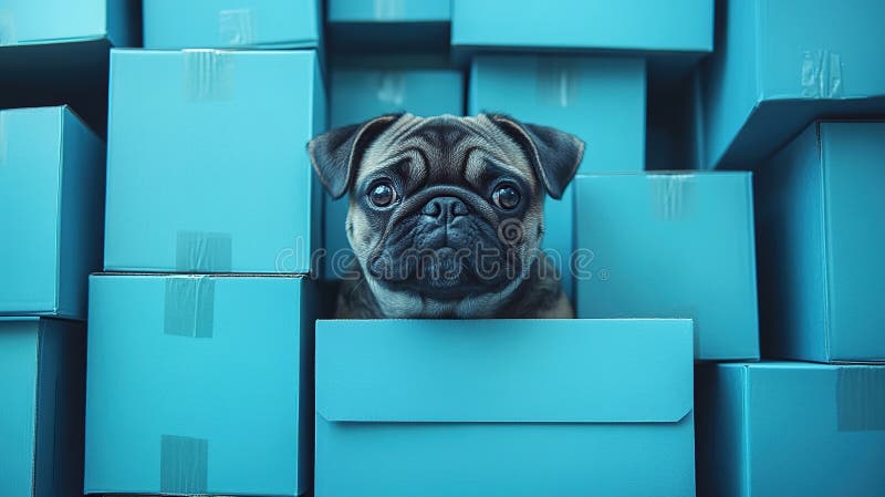 Pug Puppy in a Sea of Blue Boxes Stock Illustration - Illustration of ...