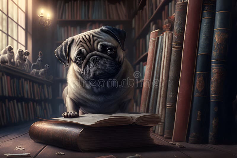 Pug Reads a Book in a Library. Generative AI Stock Illustration ...