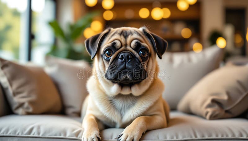 A Pug Sits on a Cushioned Sofa in a Clean Contemporary Interior with ...