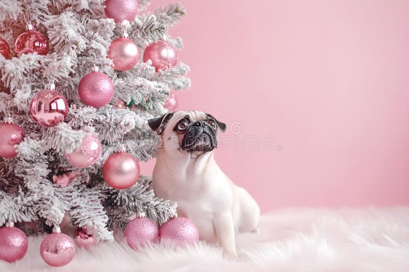 Pug Sitting Next To a Pink Christmas Tree Stock Illustration ...