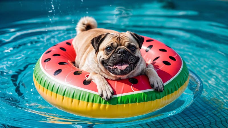 Pug Swims on an Inflatable Watermelon Ring in the Pool Stock ...
