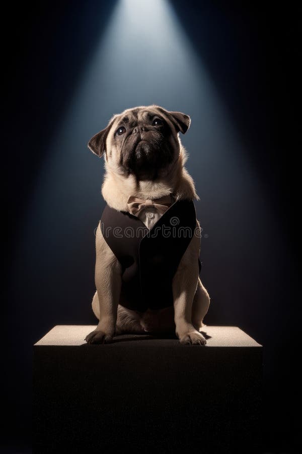 Pug in Tuxedo Strikes Dramatic Pose on Podium Under Studio Lights Stock ...