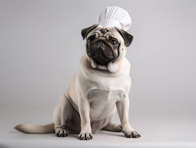 Pug Wearing Chef Hat ( Toque ) Studio Dog Portrait- White Backdrop ...