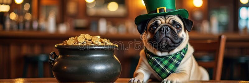 Pug Wearing Green Hat beside Pot of Gold Coins in Festive Pub Setting ...
