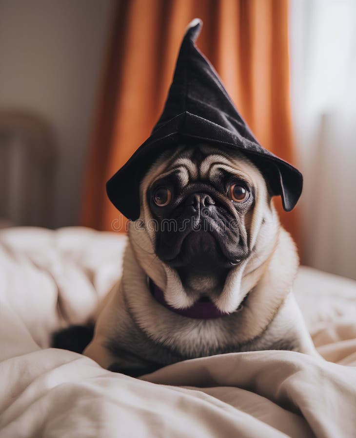 A Pug in a Witch& X27;s Hat on the Sofa in the Room. Generative Ai ...
