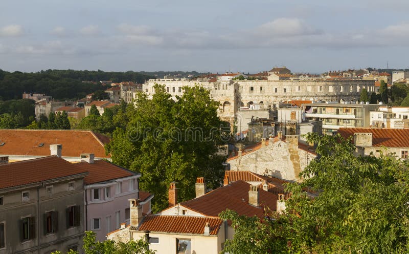 Pula town - upper view stock image. Image of cloud, plant - 44006035