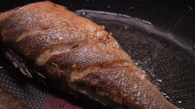 Crispy Seared Fish in Non-Stick Pan Stock Video - Video of ingredient ...