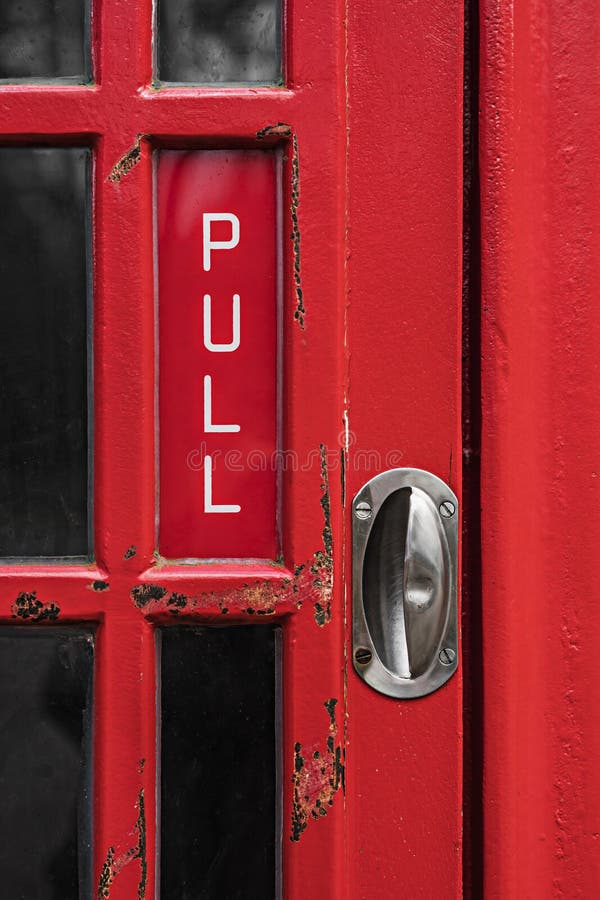 PULL Sign on a Bright Red Door. Stock Photo - Image of sign, fashioned ...