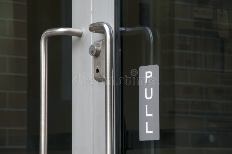 Restaurant Door Handle with Push Sign on Glass Doors Stock Image ...