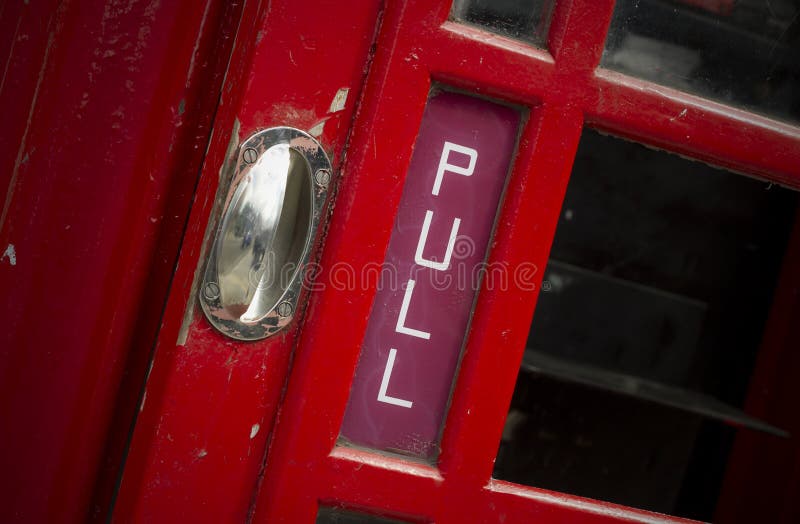 Pull Sign on Old Telephone Box Stock Image - Image of close, concept ...
