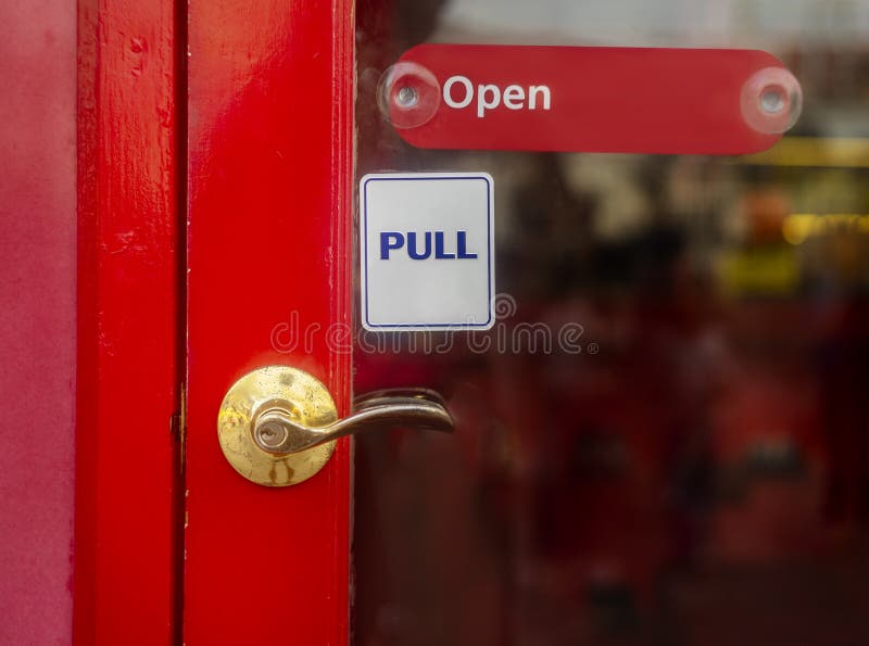 PULL Sign on a Bright Red Door. Stock Photo - Image of sign, fashioned ...